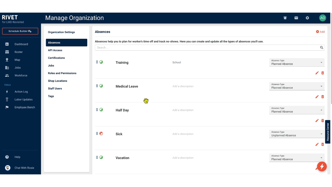 Manage Org: Custom Absence Types